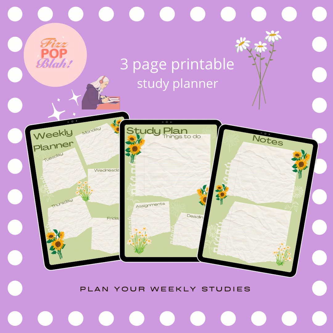 Sunflower Study Planner, Printable Planner, Study Guide, Exams and ...