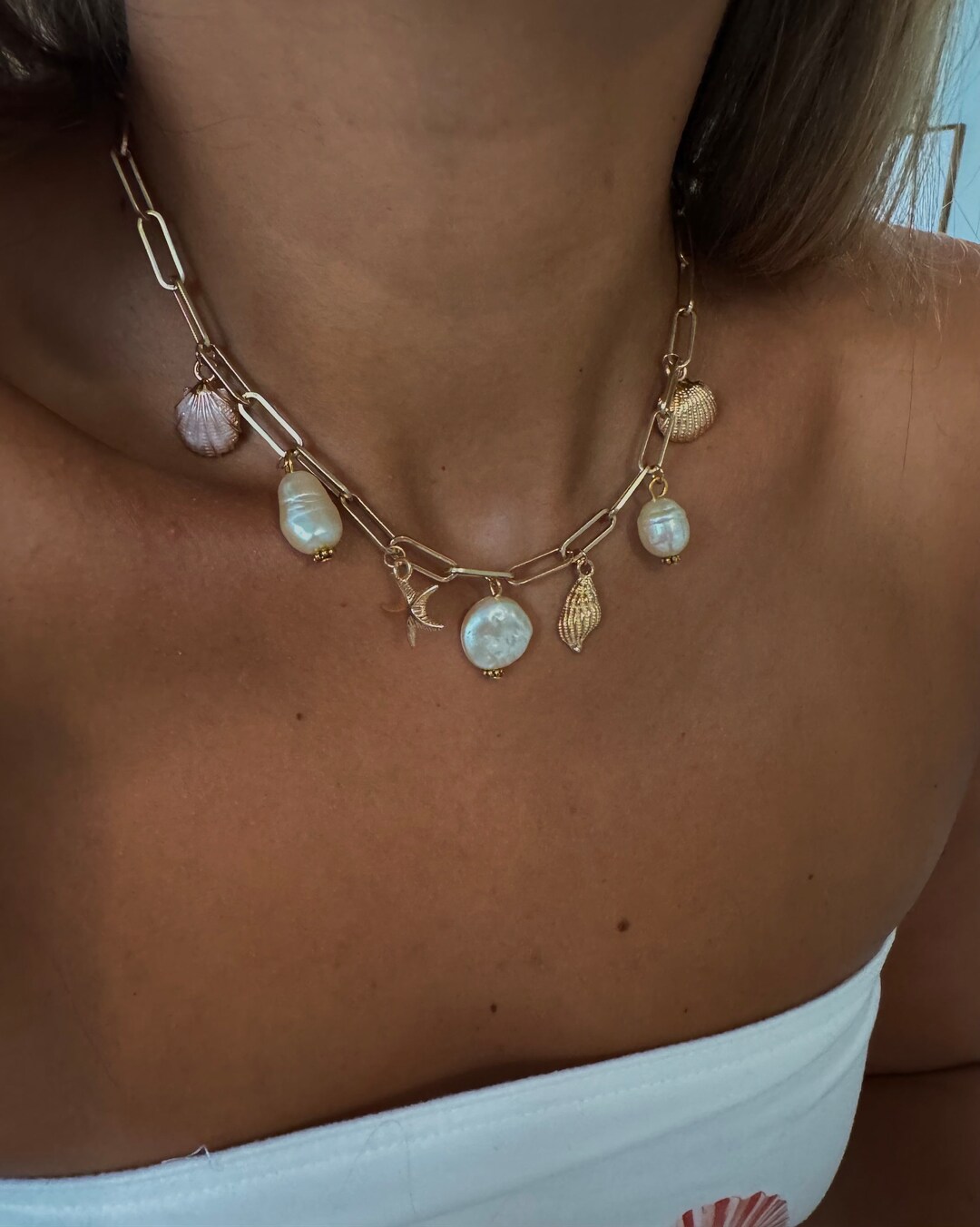 Shell & Pearl Gold Charm Necklace - Etsy