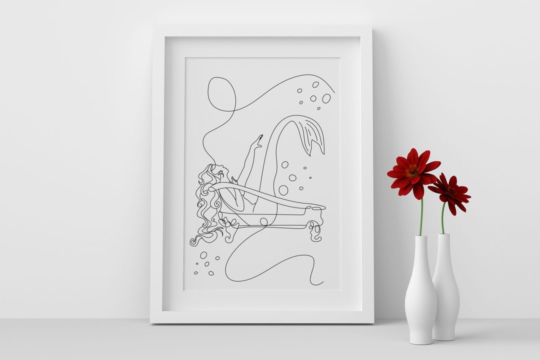 Mermaid Line Art Print. Minimalist Mermaid Drawing Bathroom Decor ...