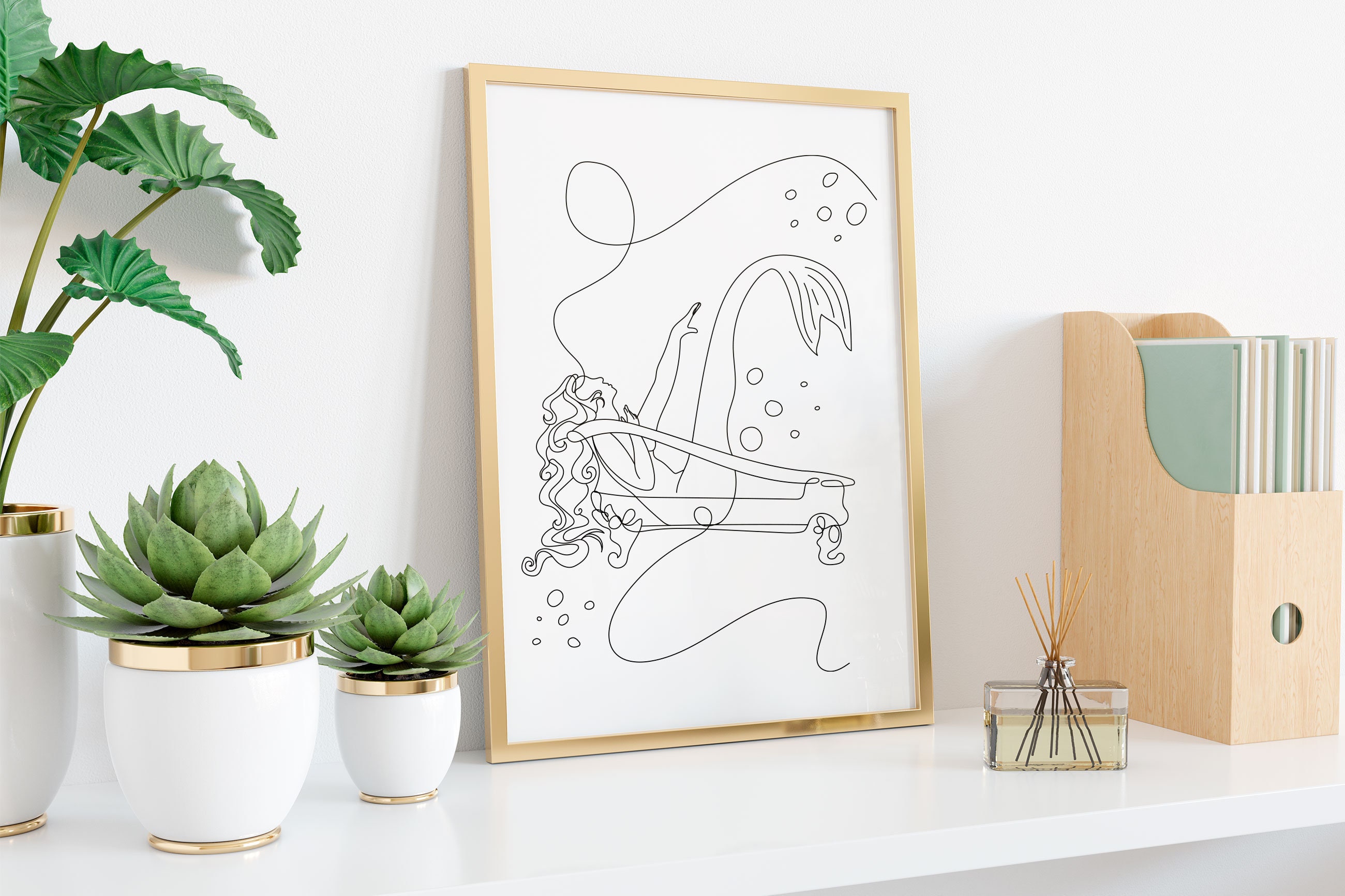 Mermaid Line Art Print. Minimalist Mermaid Drawing Bathroom Decor ...