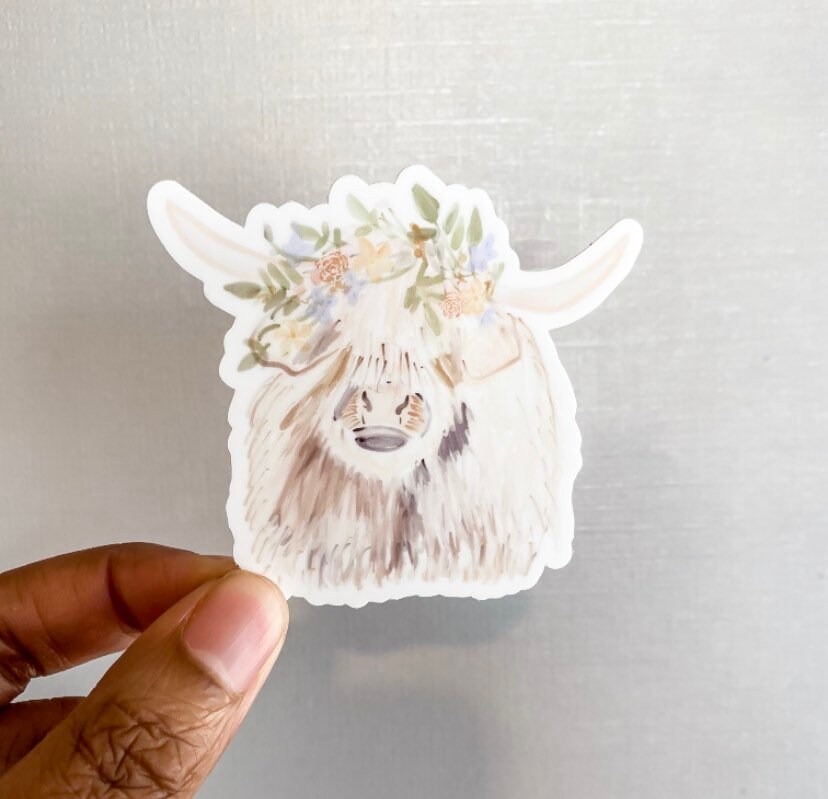 Highland Cow Stickers, Cow With Flower Crown, Floral Sticker, Farm ...