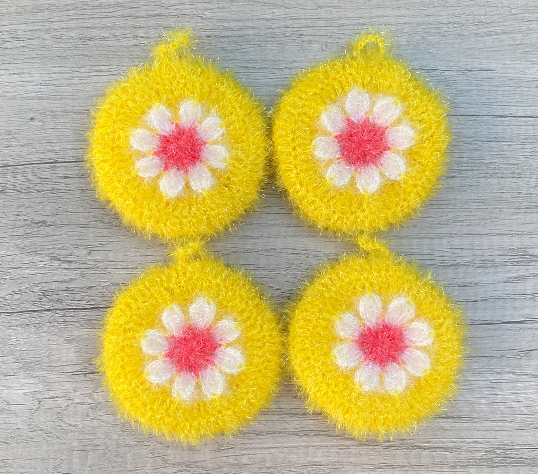 A Set of 4 flower Korean Dish Scrubbies, Crochet Scrubby, Pot Scrubber ...