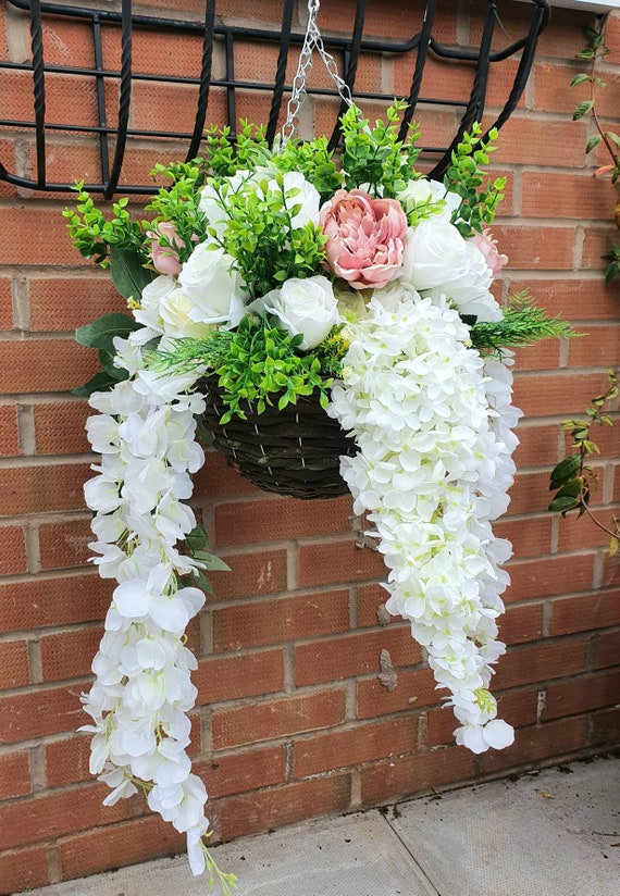 Outdoor Artificial Hanging Basket Pink Peony and White Roses Etsy UK