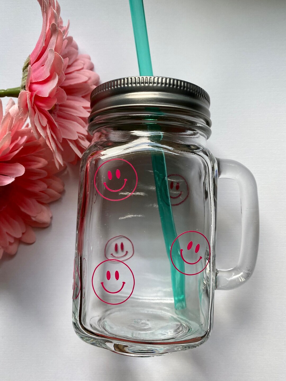 Smiley Face Mason Jar Glass, Iced Coffee Glass, Mason Jar Mug, Glass ...