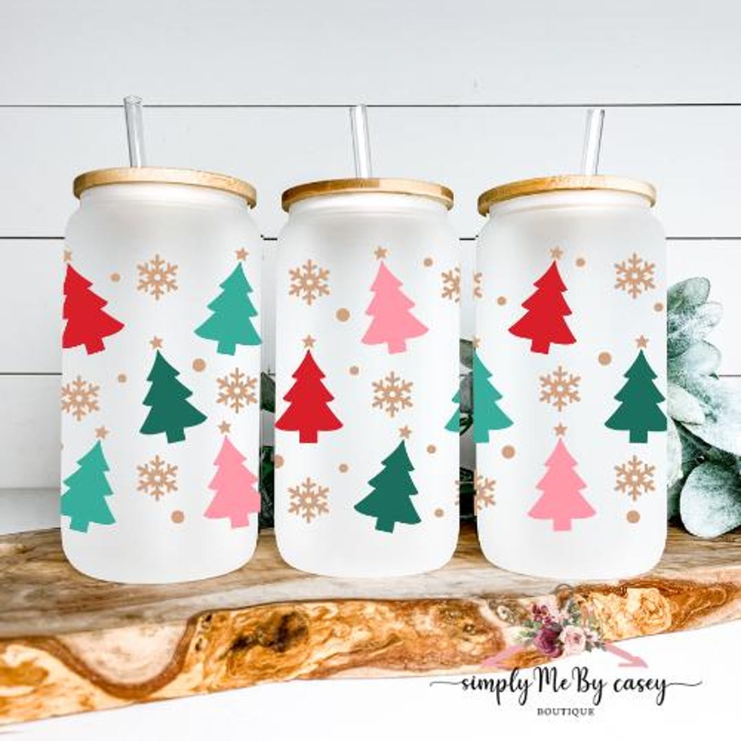 Christmas Tree Frosted Glass Tumbler: Holiday Iced Coffee Cup With ...