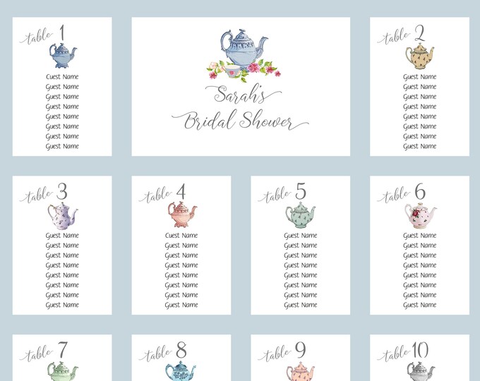 Tea Party Seating Cards, Bridal Shower Seating, Teapot Seating Cards ...