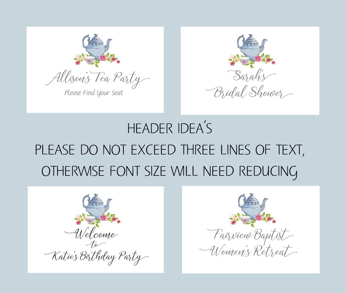 Tea Party Seating Cards, Bridal Shower Seating, Teapot Seating Cards ...