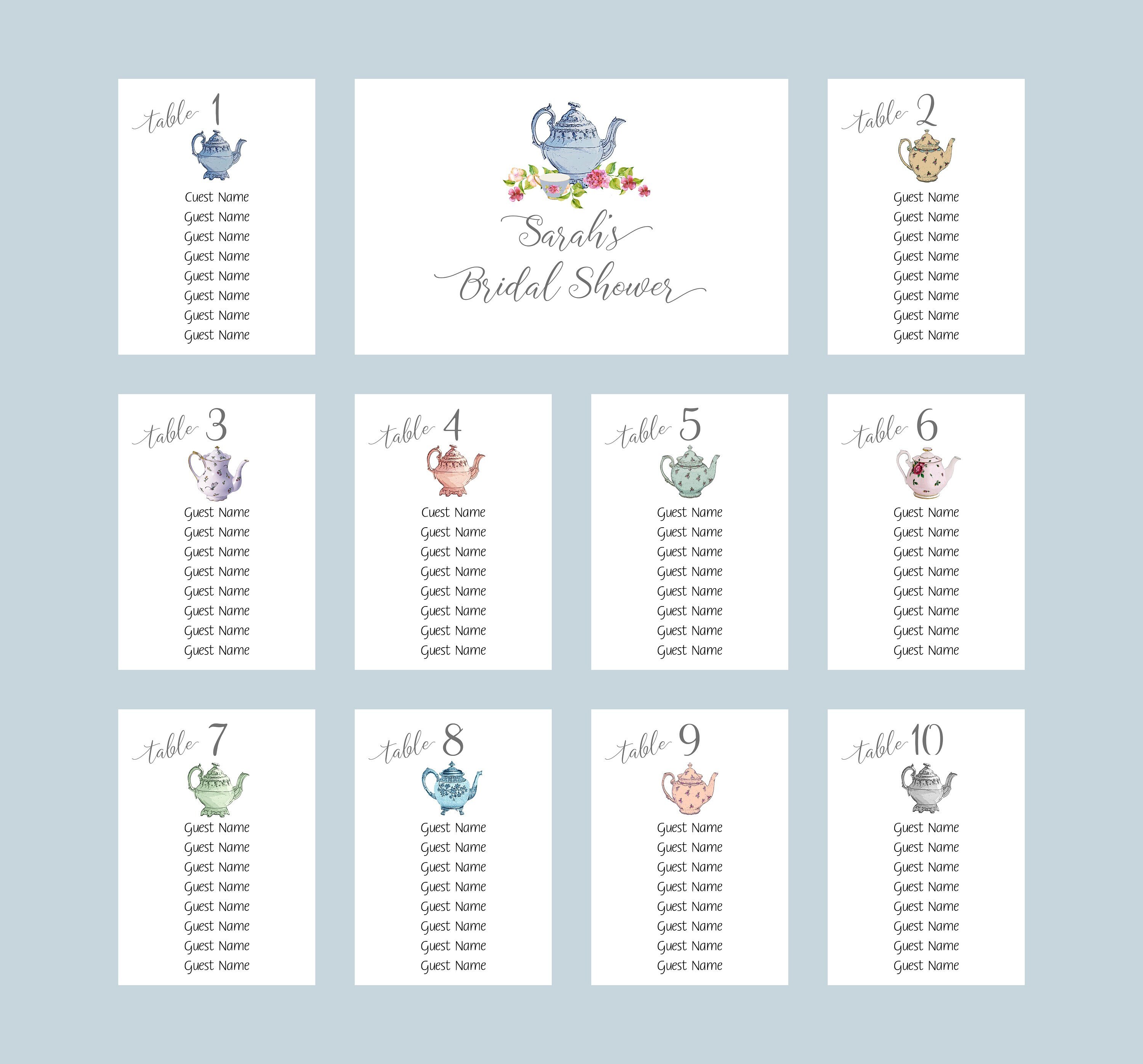 Tea Party Seating Cards, Bridal Shower Seating, Teapot Seating Cards ...
