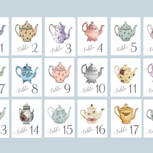 Tea Party Table Cards, Teapot Table Numbers, Bachelorette Party Cards ...