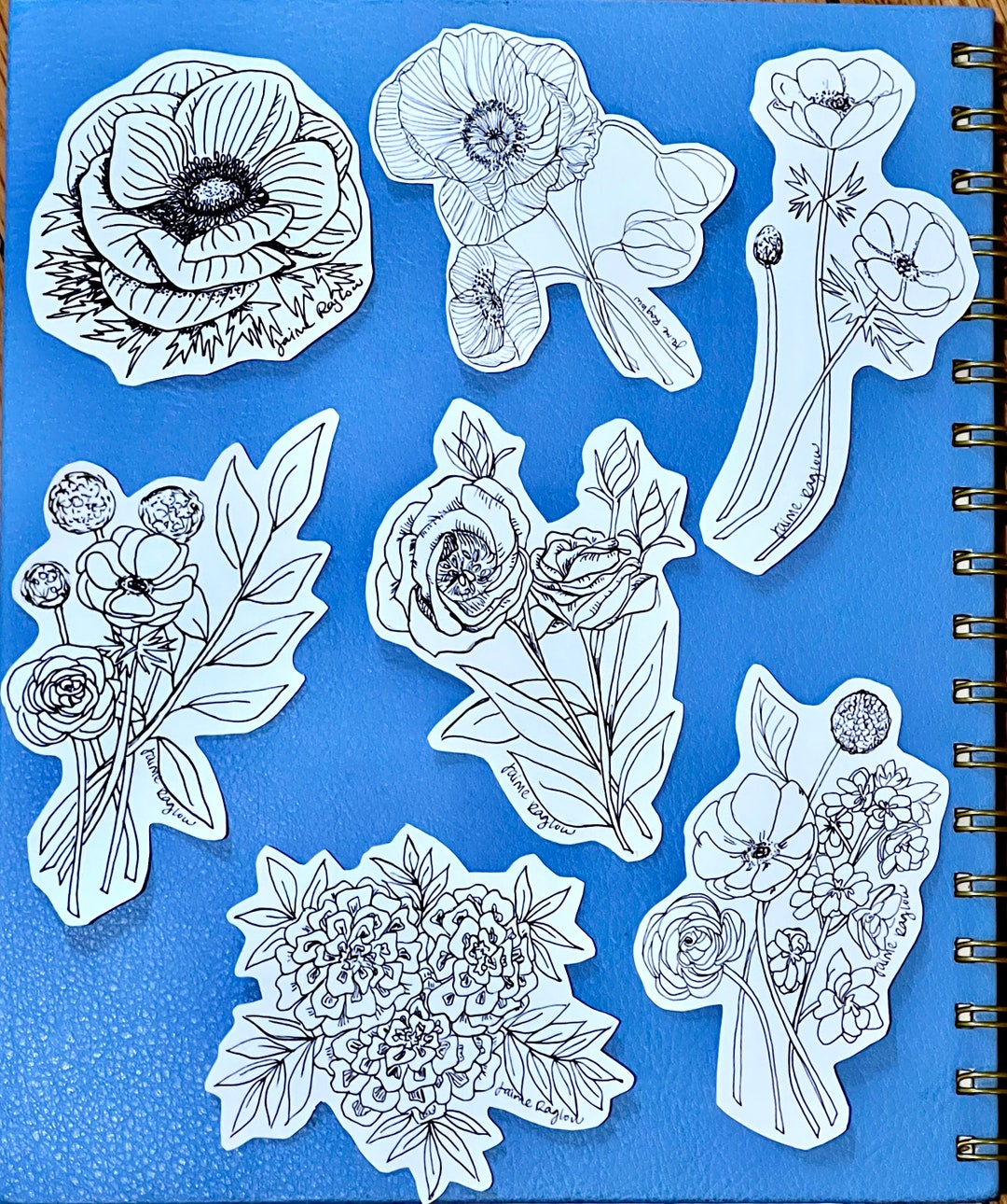 Stickers - Black and White Hand-drawn Florals - Waterproof Stickers ...