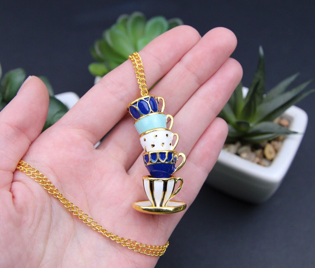 Enamel Teacup Necklace, Tea Lover Gift, Tea Cups Pendant, Tea Time ...