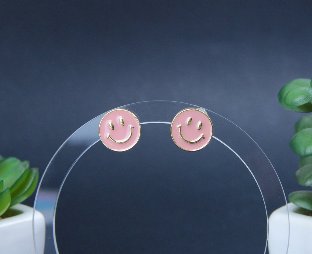 Dusty Pink Smiley Face Stud Earrings Trendy Jewelry Enamel - Etsy