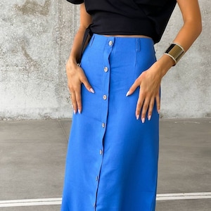 Midi Linen Work Skirt, Button up Linen Skirt, Linen Women Skirt, Casual ...