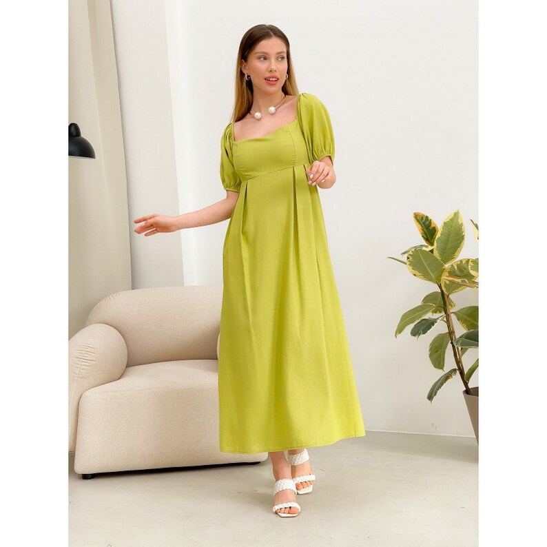 Linen Regency Dress, Puff Sleeve Empire Waist Maxi Dress - Etsy