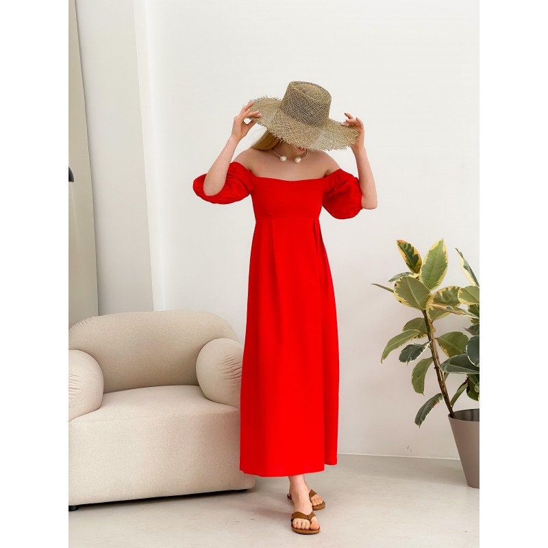Linen Regency Dress, Long Empire Waist Dress, Square Neck Dress Summer ...