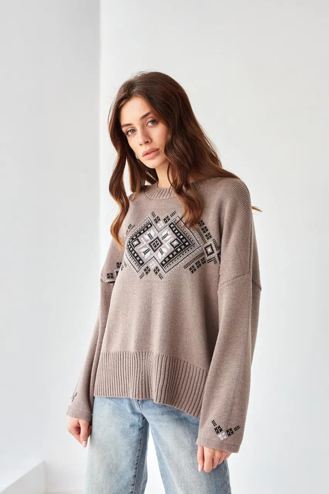 Women Knitted Sweater, Ukrainian Pattern, Long Knit Sweater, Cotton ...