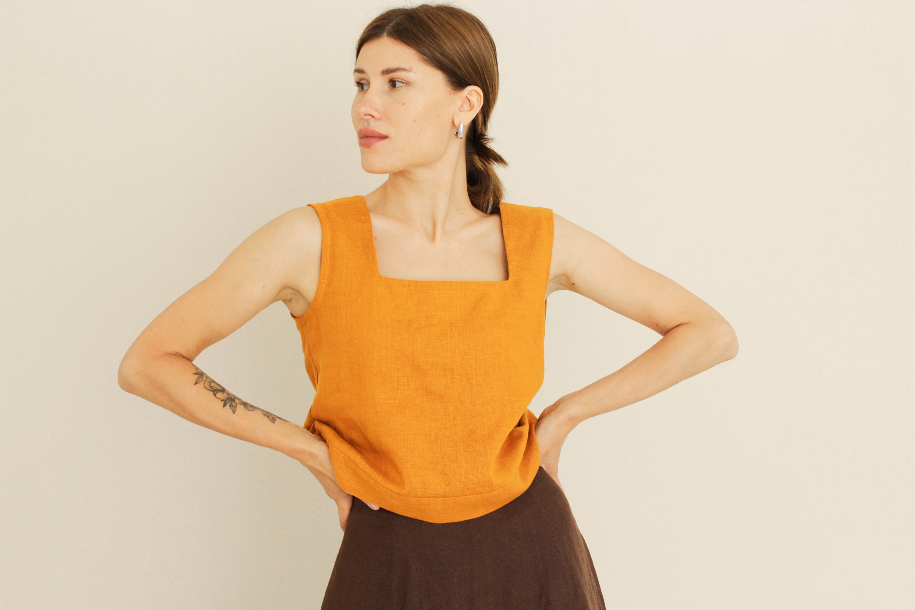 Linen Crop Top Square Neck Linen Top Cropped Linen Shirt Etsy