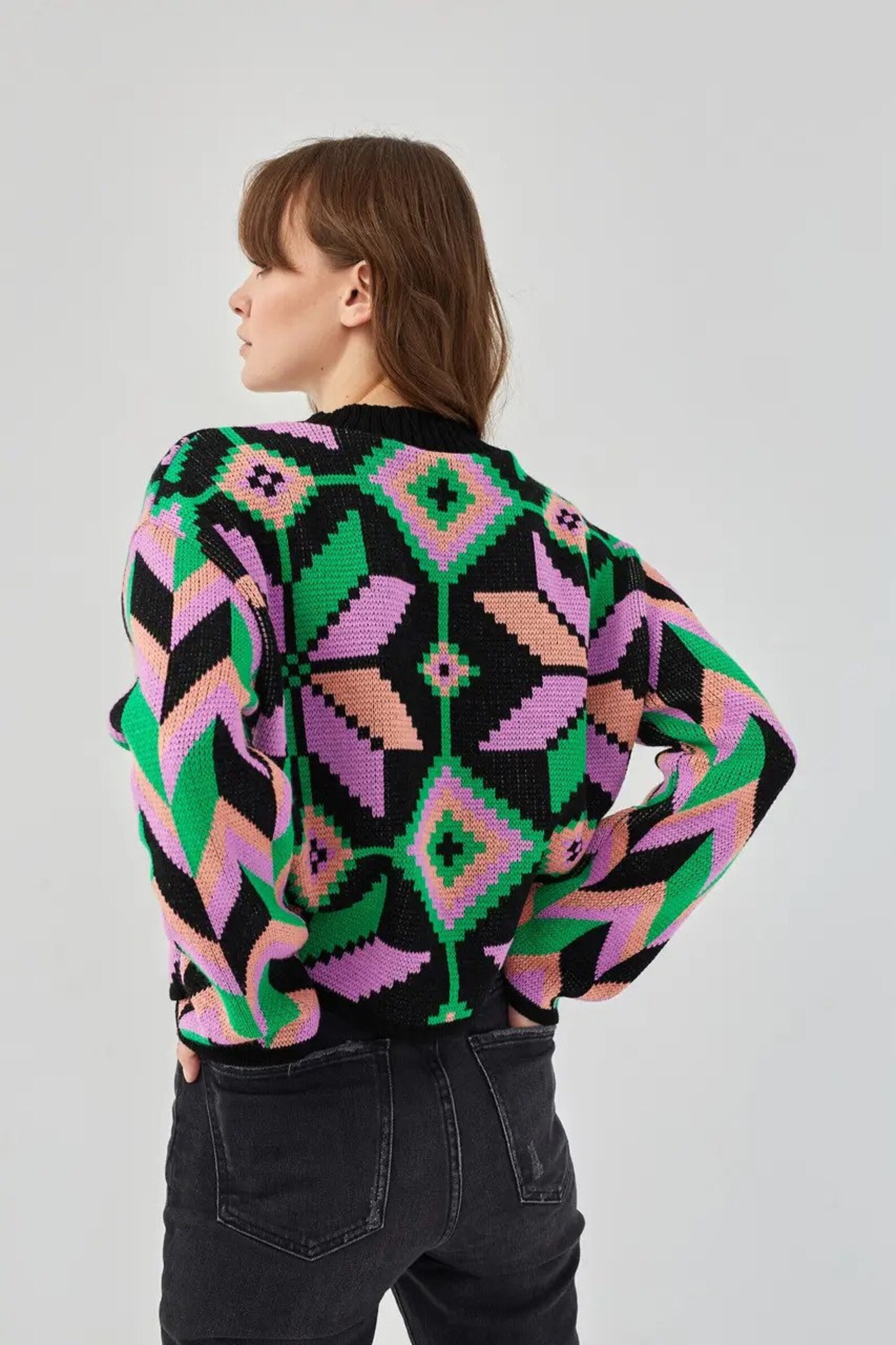 Boho Geometric Knit Jumper, Oversized Wool Blend Sweater - Etsy