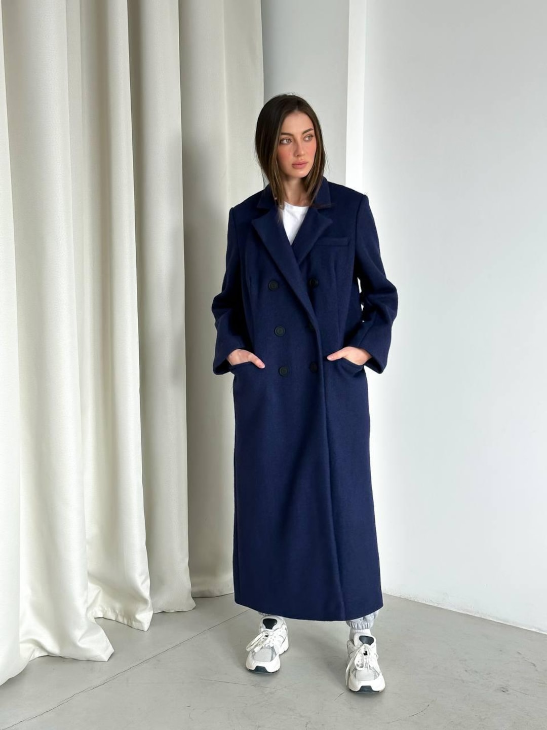 Elegant Blue Wool Coat, Womens Long Double Breasted Coat With Buttons ...