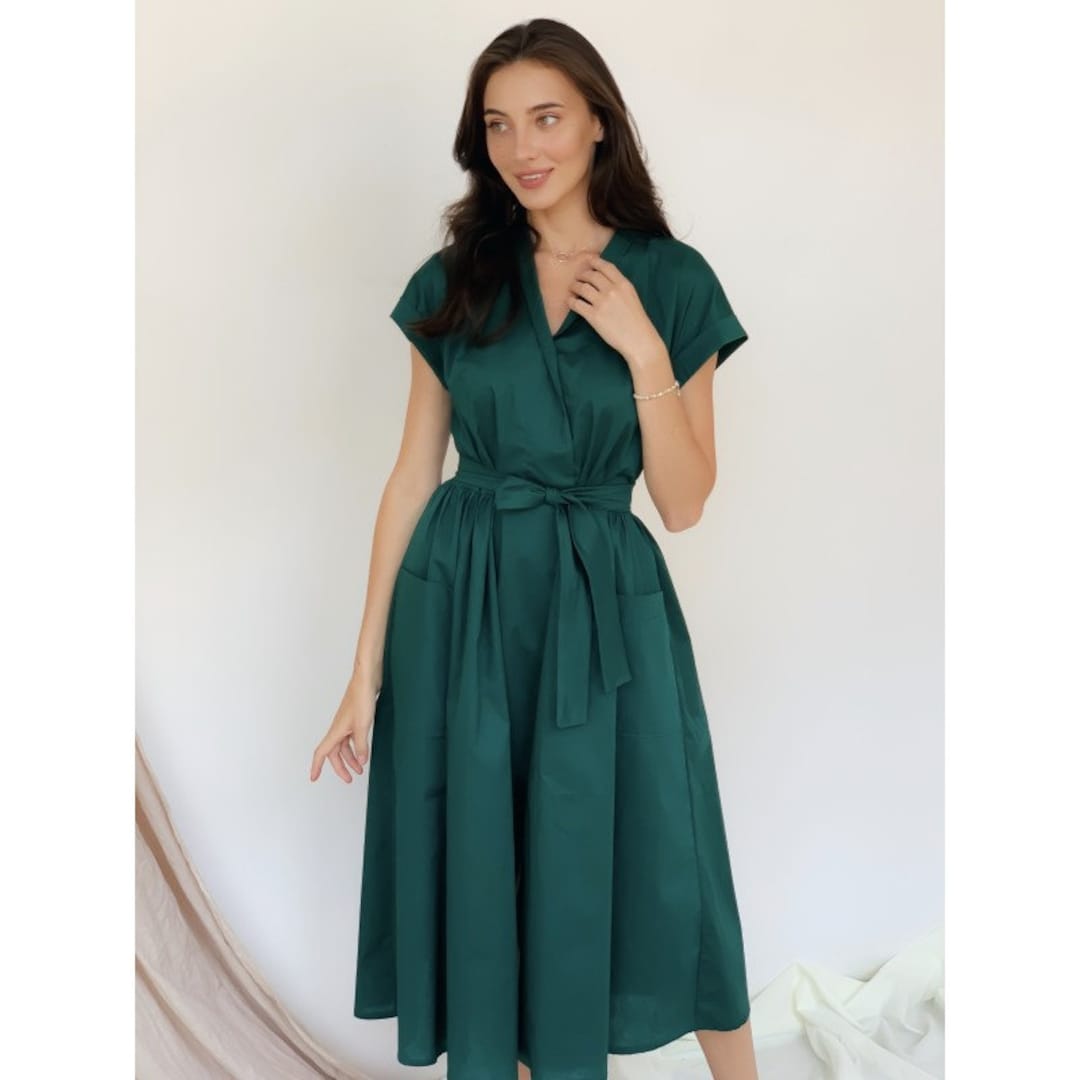 Emerald Green Wrap Midi Dress, Summer Woman Dress, Wrap Dress, Midi ...