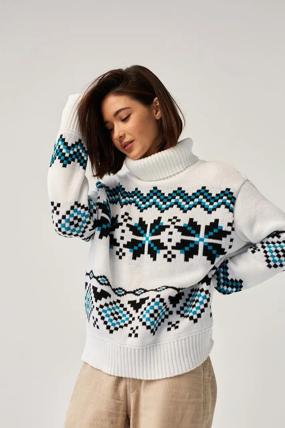 Women Knitted Sweater, Ukrainian Pattern, Knit Sweater With Geometric ...