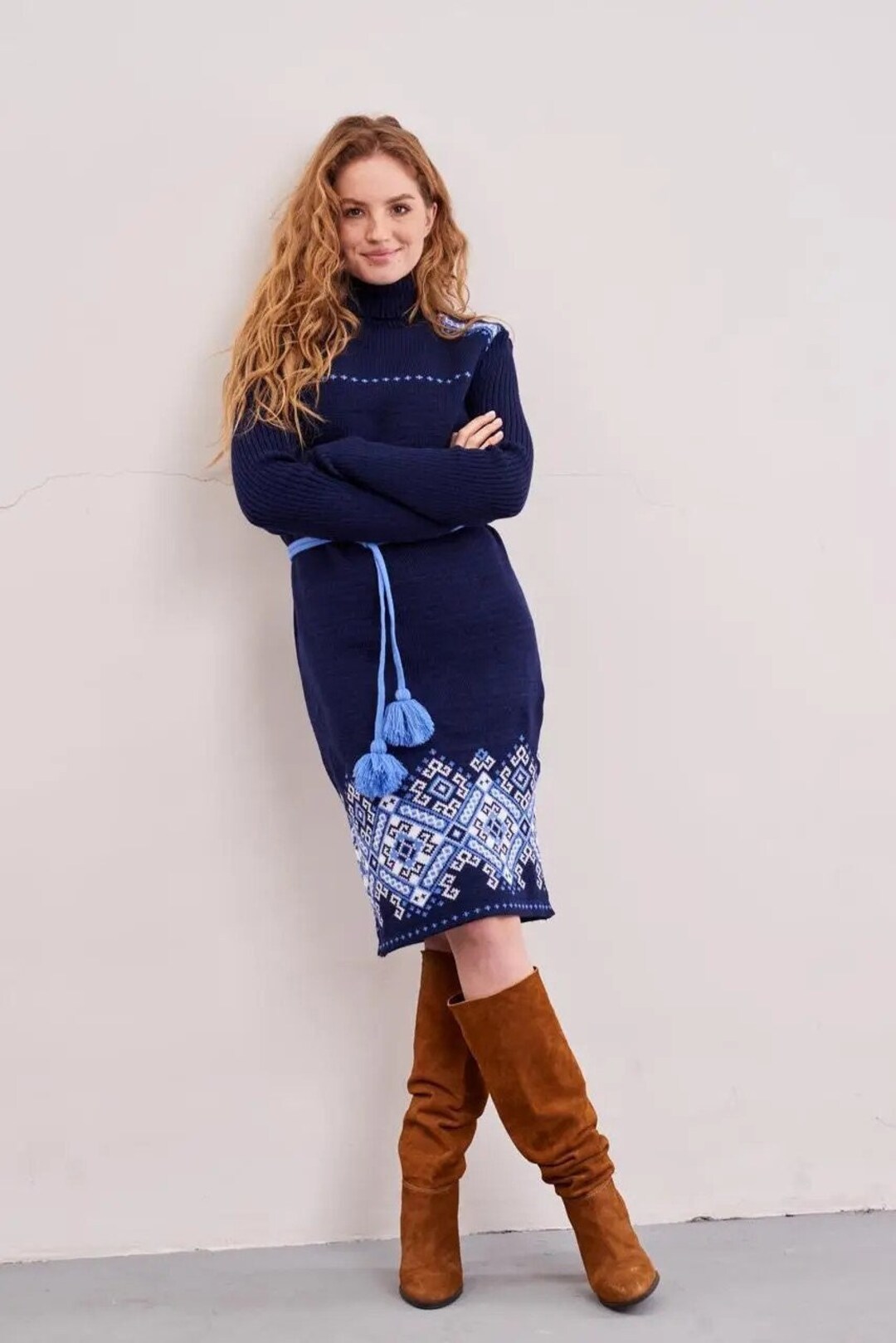 Navy Blue Turtleneck Winter Dress, Ukrainian Knitted Dress, Vyshyvanka ...