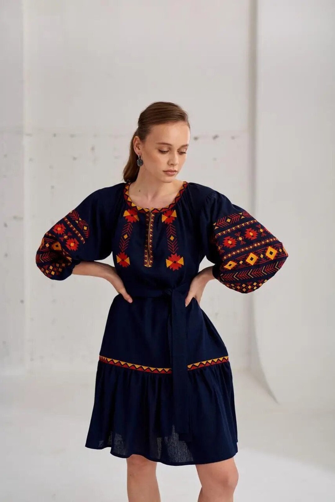 Navy Blue Ukrainian Dress, Embroidered Dress, Vyshyvanka Tunic Dress ...