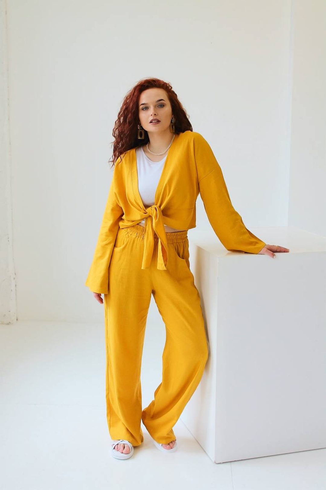 Linen Summer Women Suit Set, Linen Suit, Wide Leg Linen Pants, Linen ...