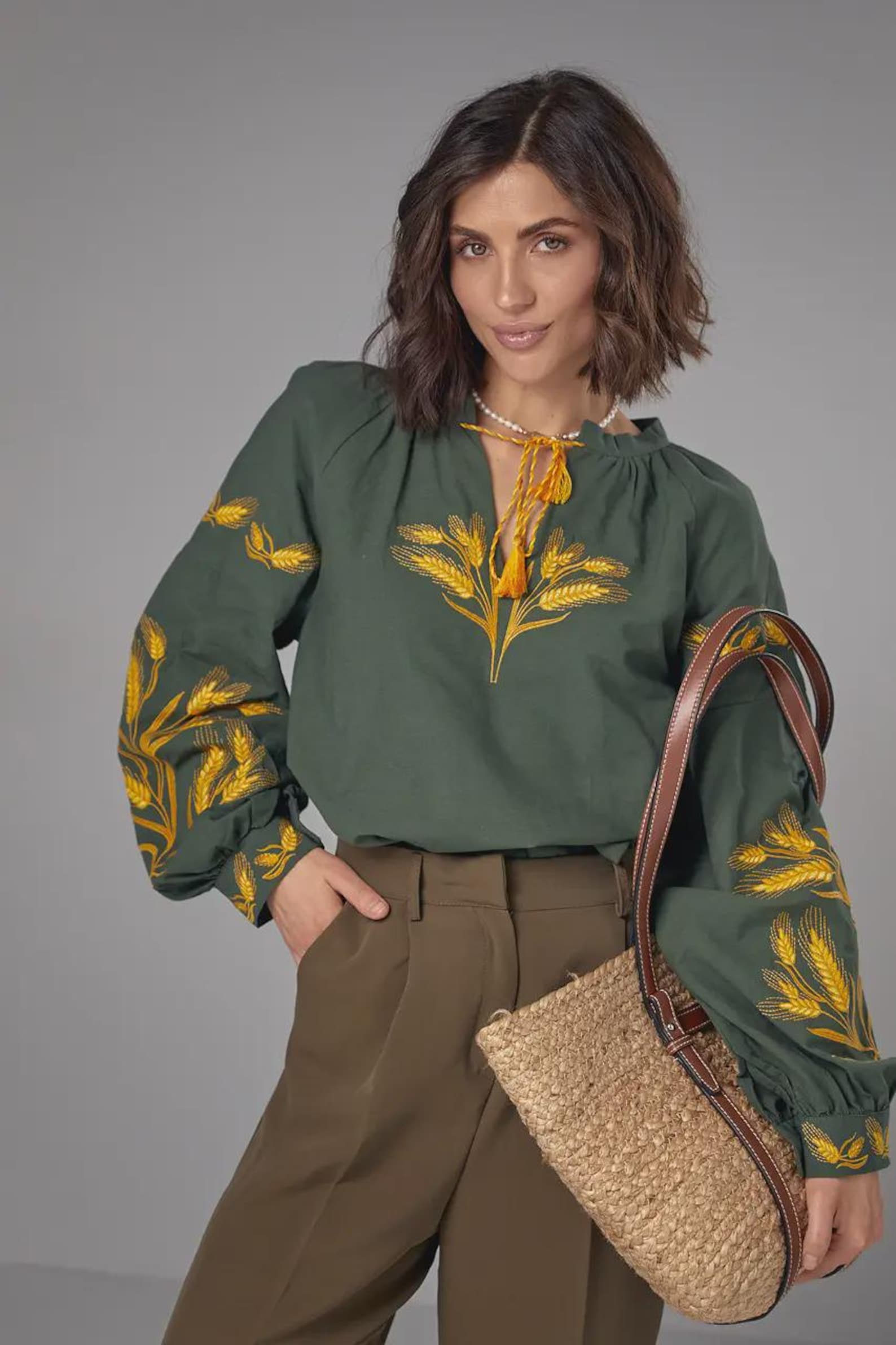 Moss Green Embroidered Cotton Vyshyvanka Blouse, Peasant Style Top ...