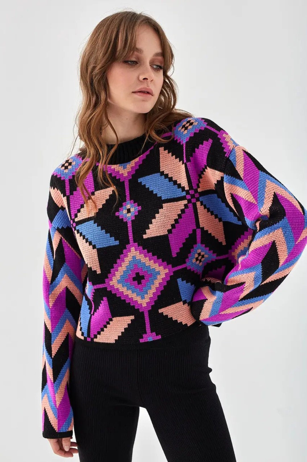 Geometric Boho Knit Sweater: Purple Oversized Winter Clothing - Etsy