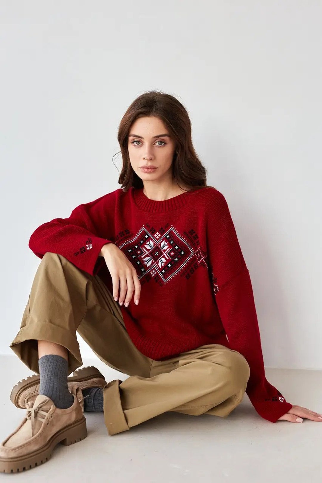 Ukrainian Christmas Gift, Women Knitted Sweater, , Red Knit Sweater ...