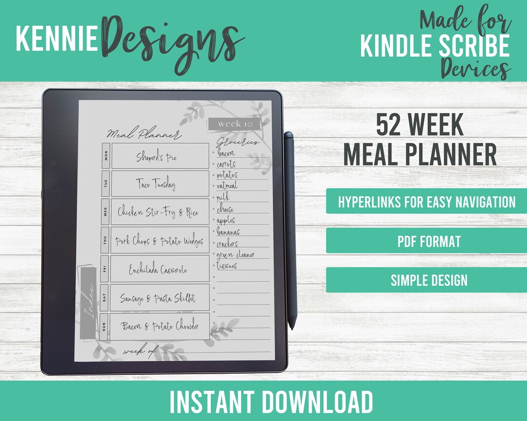 52 Week Meal Planner Digital Notebook for Kindle Scribe, Easy ...