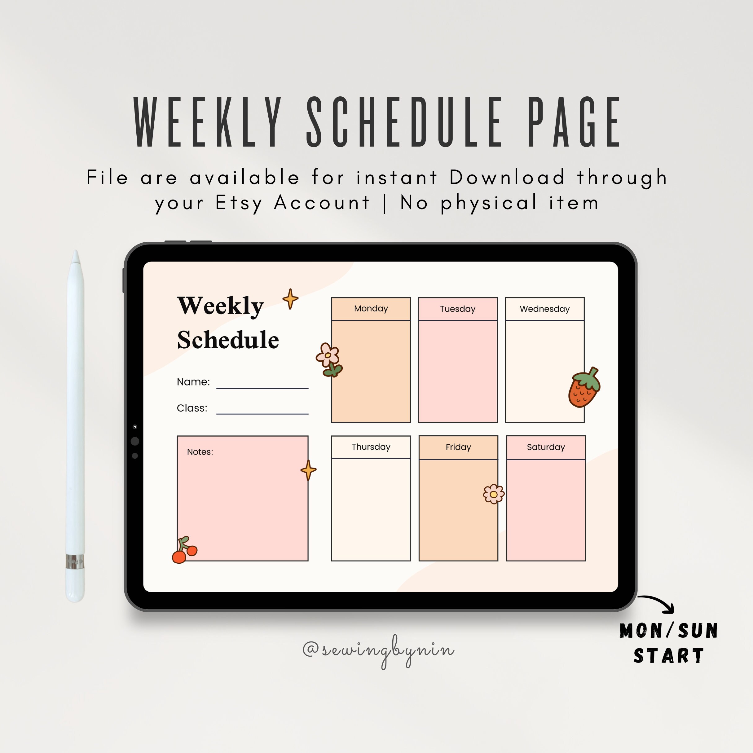 Weekly Schedule Page, Digital Weekly Planner, Weekly Planner Print ...