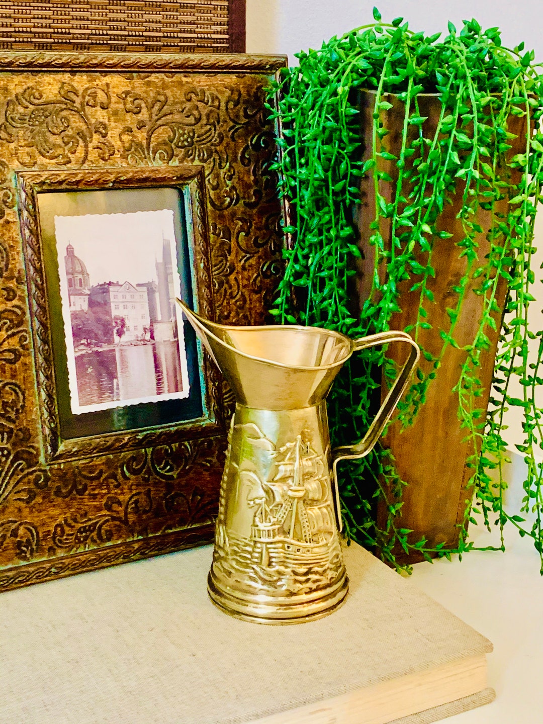 Mid Century Hand Crafted Repousse Pitcher, Embossed, Brass, Peerage Ale ...