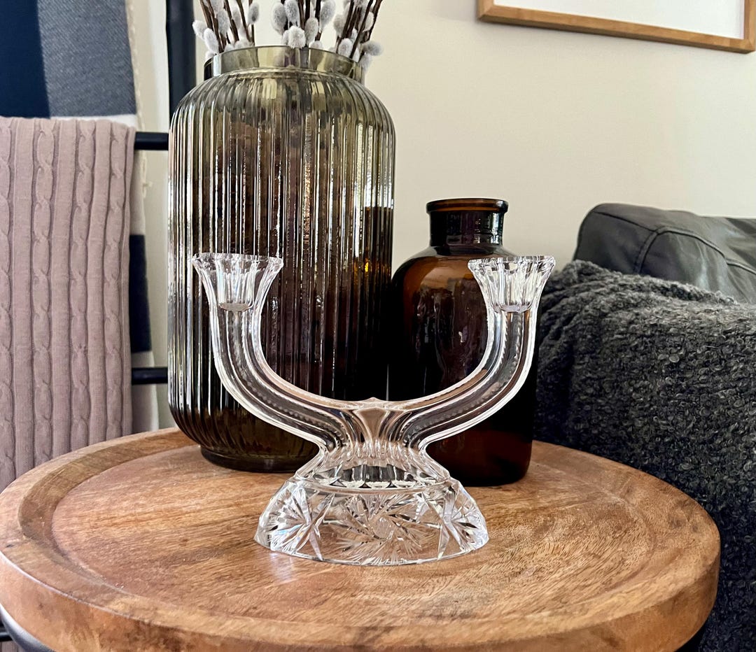 Vintage, Pinwheel Glass Double Arm Candleholder, Candelabra, Crystal ...