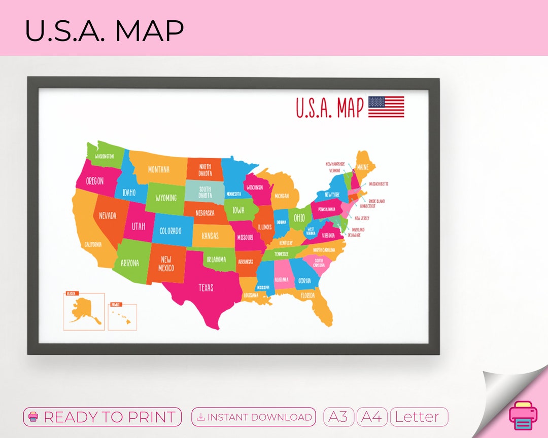 USA Map, United States of America, America Map, USA Poster, Printable ...