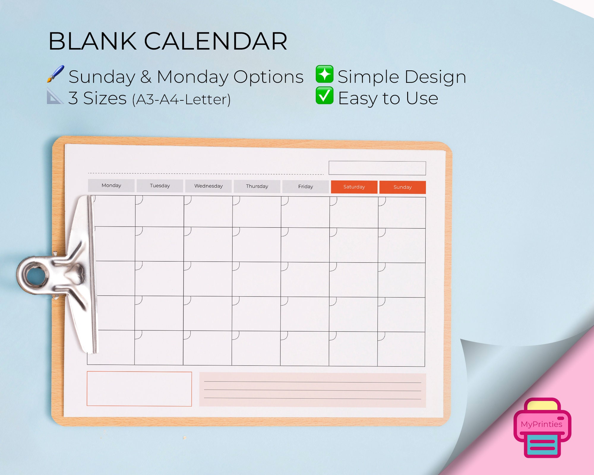 Blank Calendar, Printable Calendar Template, Undate Calendar, Instant ...