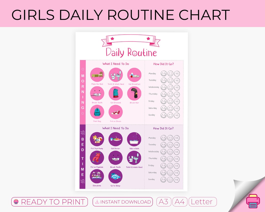 Girls Daily Routine Chart, Printable Chore Chart, Girl Responsibility ...