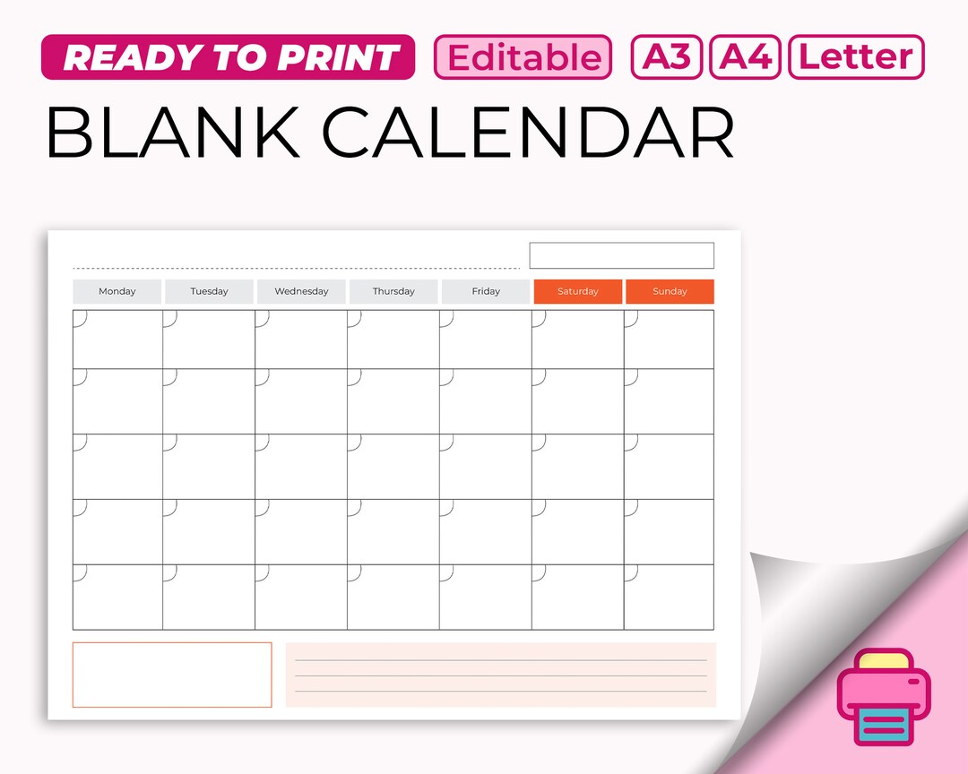 Blank Calendar, Printable Calendar Template, Undate Calendar, Instant ...