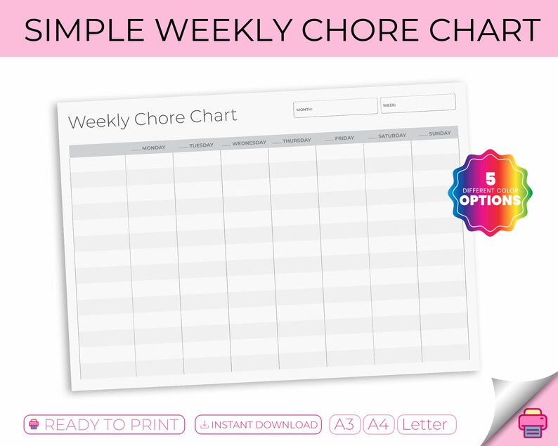 Simple Weekly Chore Chart, Weekly List, Family Responsibility Chart ...