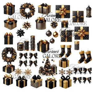 Christmas Clipart PNG Bundle | Elegant Black and Gold Holiday Clipart ...
