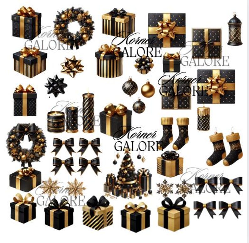Christmas Clipart PNG Bundle | Elegant Black and Gold Holiday Clipart ...