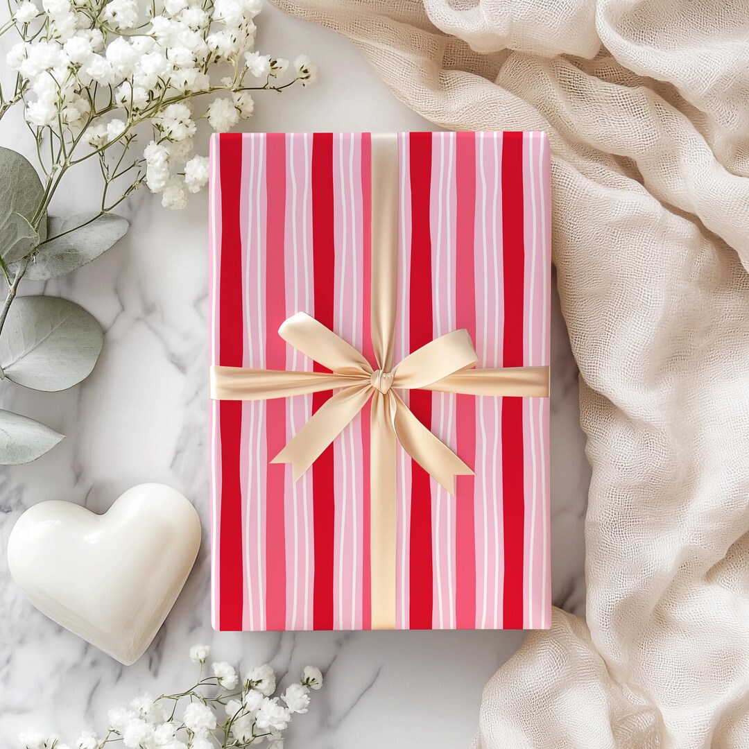 Pink & Red Stripe Wrapping Paper | Modern Valentine's Gift Wrap ...