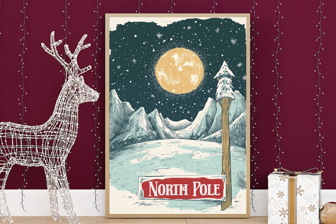 Retro North Pole Xmas Print, Vintage Christmas Poster, A1 A2 A3 A4 Maxi ...