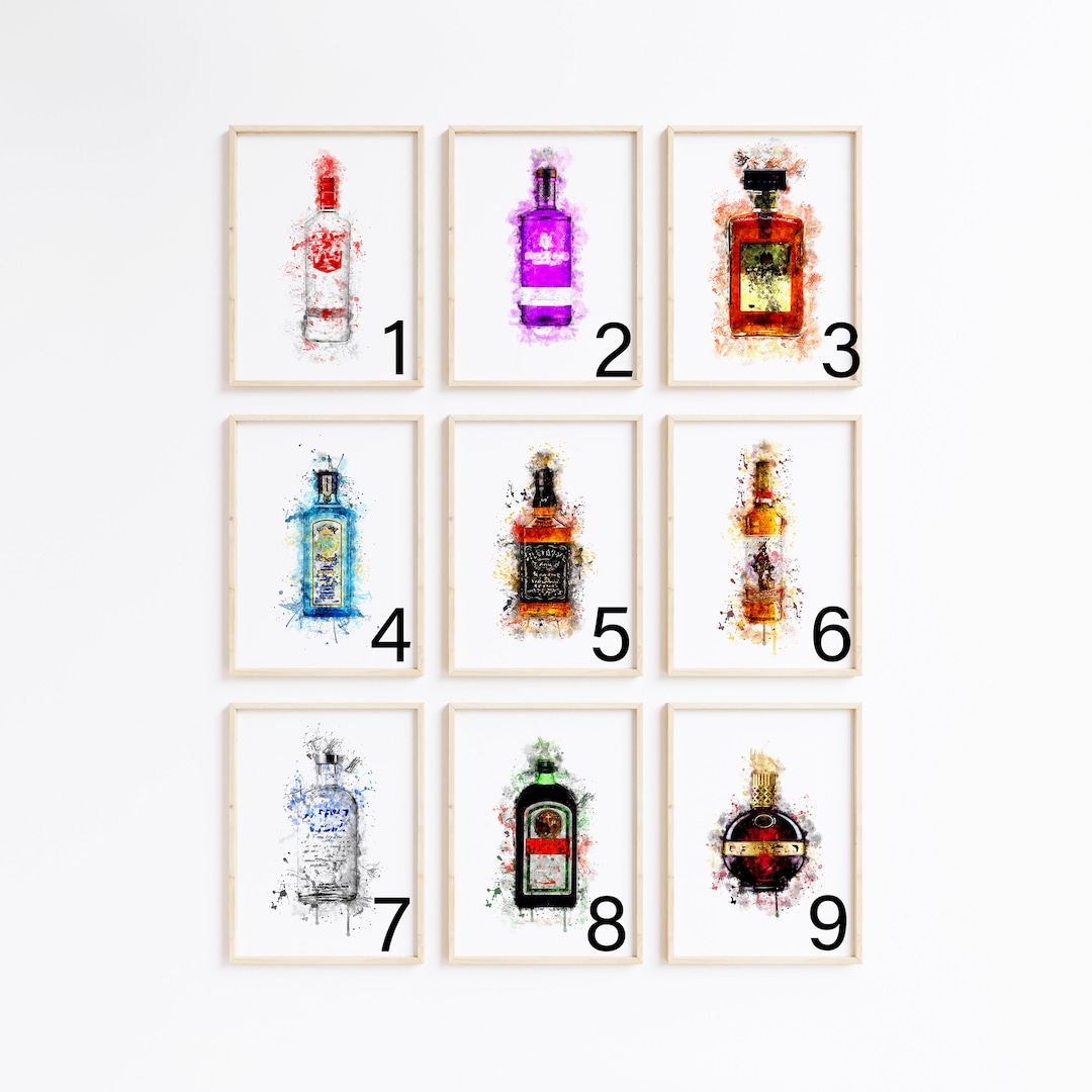 Watercolour Paint Splatter Spirit Bottles Prints Poster Wall Art A1 A2 ...