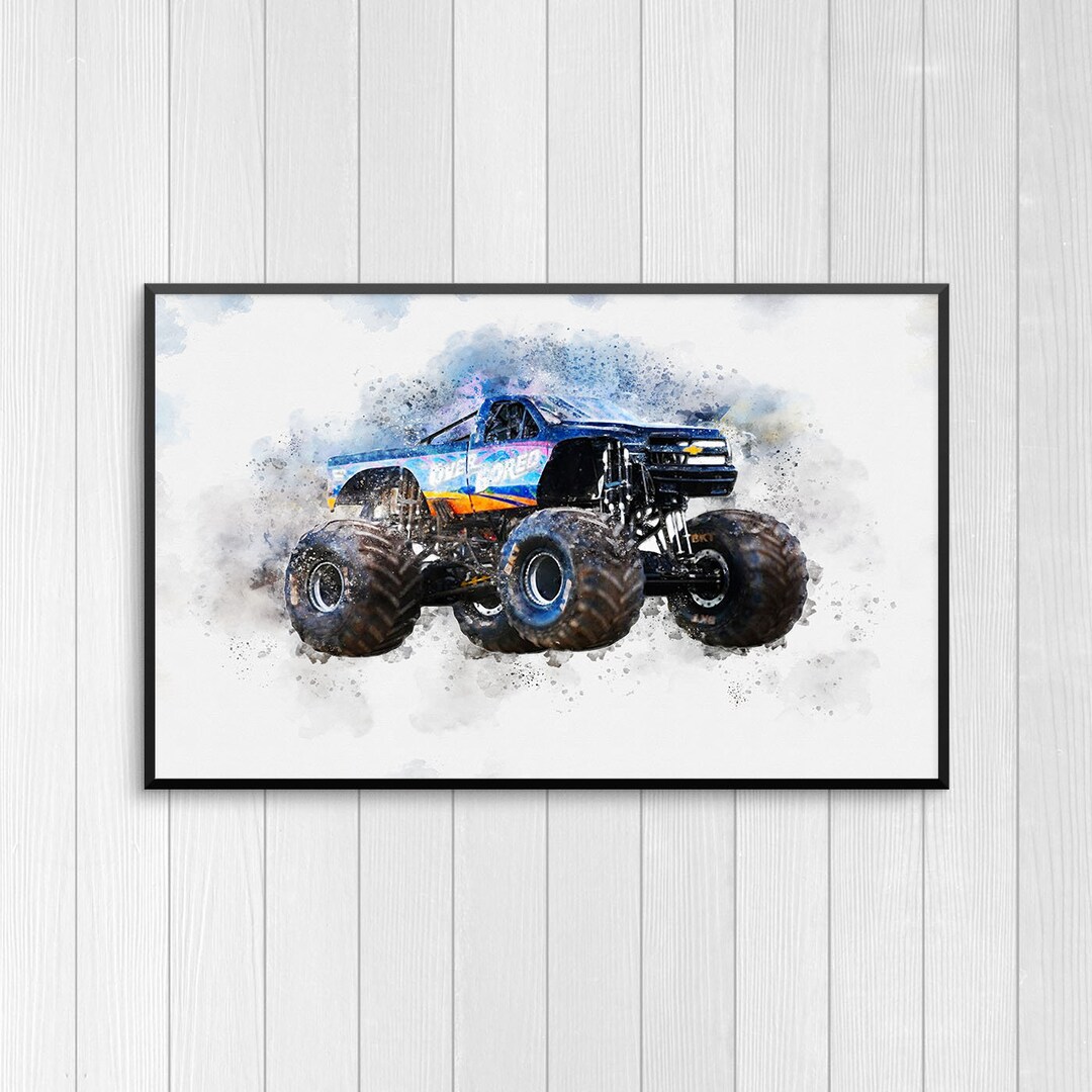 Watercolour Paint Splatter Big Blue Monster Truck Print Poster Wall Art ...