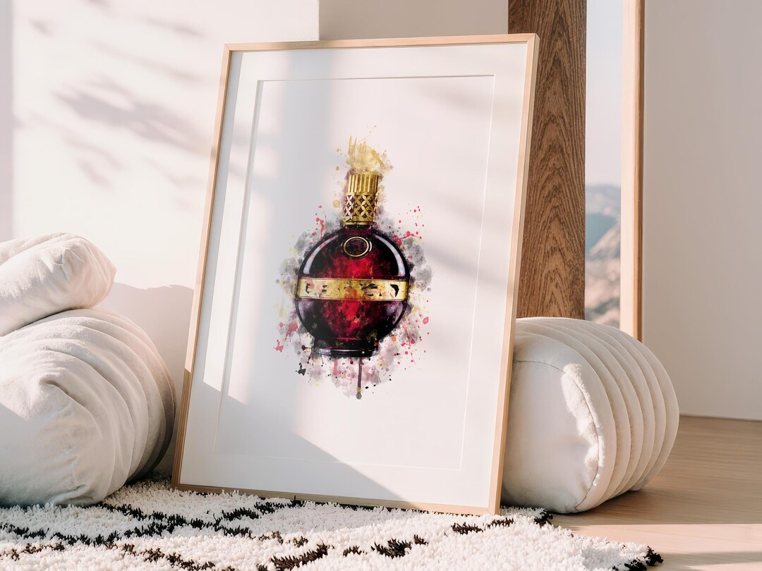 Brandy Cognac Bottle Watercolor Print | Luxury Bar Cart Art | Deep Red ...