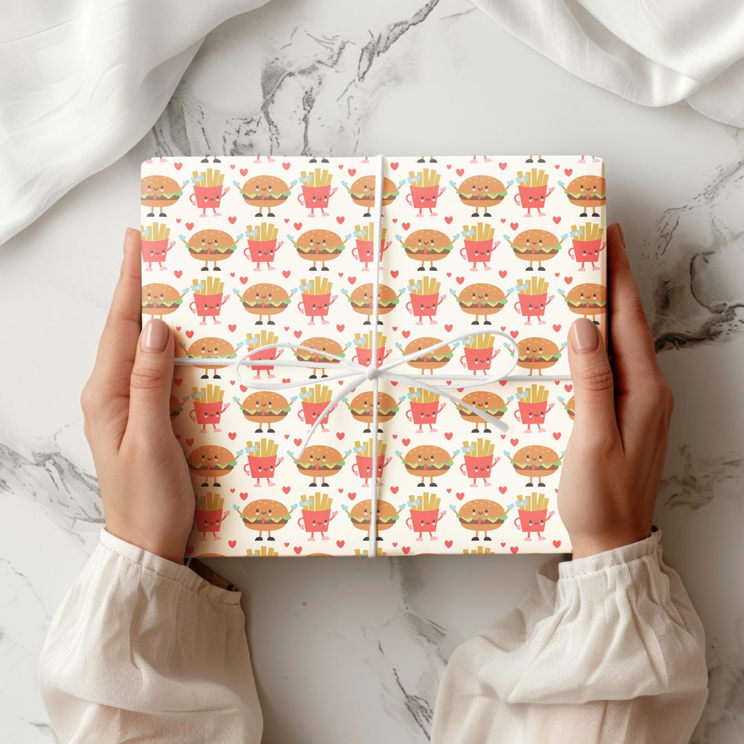 Cute Burger and Fries Wrapping Paper, Kawaii Fast Food Gift Wrap With ...