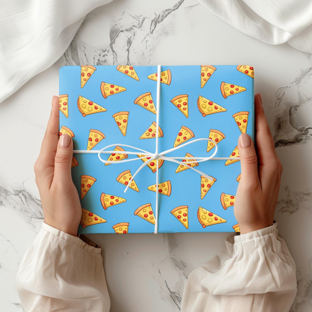 Pizza Wrapping Paper – Fun Blue Gift Wrap With Cartoon Pizza Slice ...