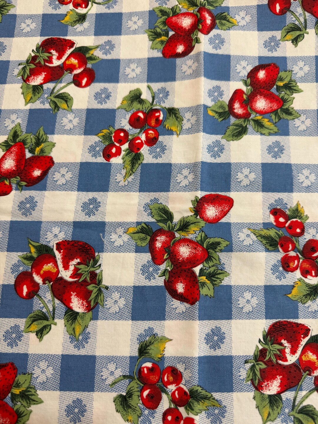 Vintage Allover Strawberry & Cherry Checkered P Print Fabric by ...